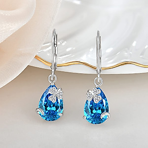 Fahonie Birthstone Drop Earrings 925 Sterling Silver cut Pear Shape March Birthstone Aquamarine Clover Jewelry Birthday Gifts Valentine's Day Christmas Gifts