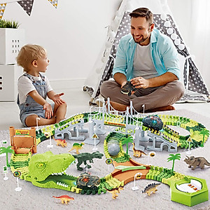 Dinosaur Toys Race Track,174pcs Flexible Track Set with 2 Dino Cars,Create a Dinosaur World Road Race,Include 8 Dinosaur Figurines,Jumbo Dinosaur Head,Dino Door & Bridge for Kids Toddlers Boys Girls