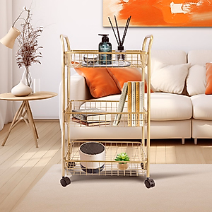 MNOPQ 3 Tier Mesh Rolling Utility Cart, Gold Metal Organization Cart with Lockable Wheels, Multifunctional Storage Trolley Service Cart for Kitchen Living Room Office Salon