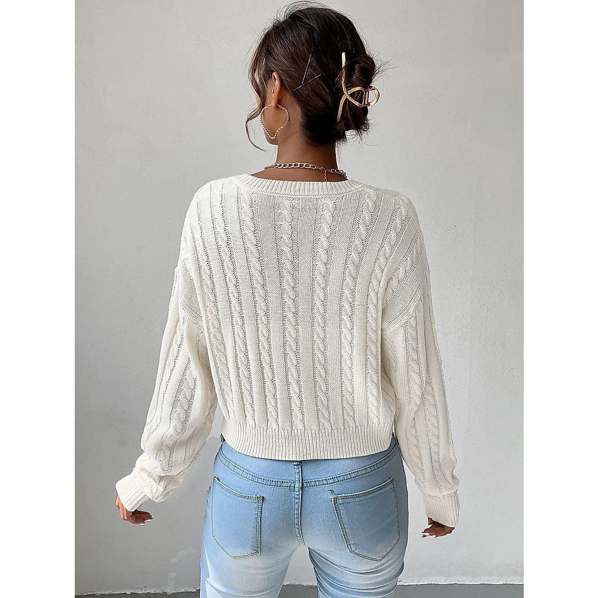 Verdusa Women's Drop Shoulder V Neck Sweater Jumper Long Sleeve Knit Pullover White S