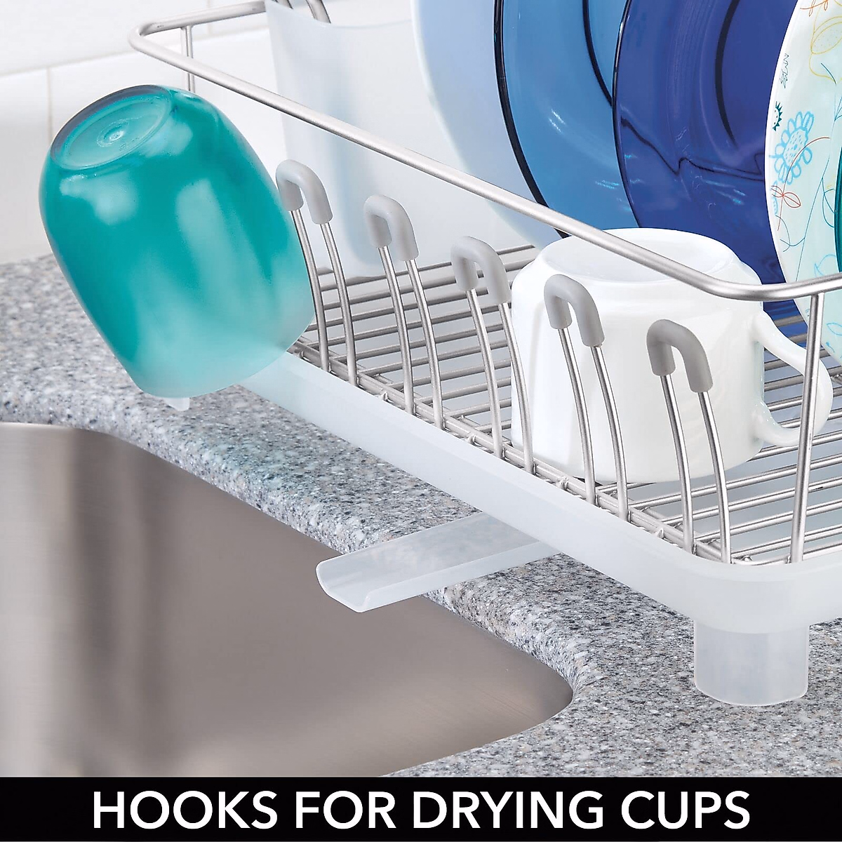 mDesign Alloy Steel Sink Dish Drying Rack Holder with Plastic Swivel Spout Drainboard Tray - Dish Rack/Dish Drainer Storage Organizer for Kitchen Counter - Concerto Collection, Chrome/Clear