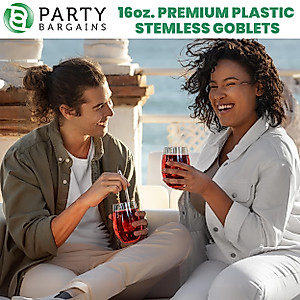 PARTY BARGAINS Stemless Goblet, 16 oz, Clear, 6 Pack, Heavy Duty Plastic Wine Glasses, Decorative Drinking Cups for Weddings, Baby Showers, Barware, Drinkware