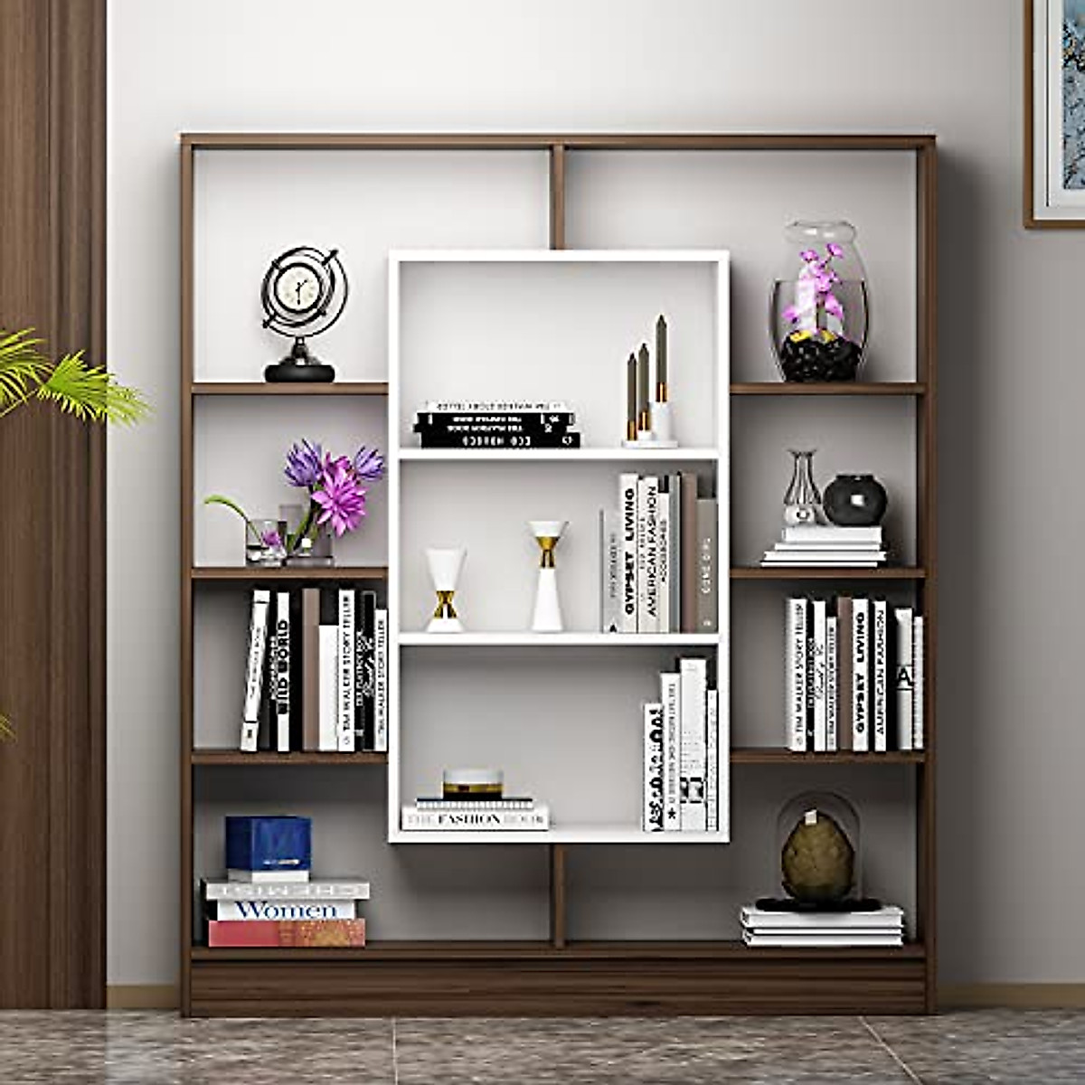 HOMIDEA Venus Bookcase - Room Divider - Free Standing Shelving Unit for Living Room or Office in a Modern Design (Walnut/White)