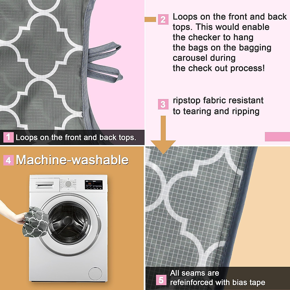 BeeGreen Shopping Bags Reusable Grocery Tote Bags 6 Pack XLarge 50LBS Ripstop Geometric Fashion Recycling Bags with Pouch Bulk Machine Washable Nylon Bags Black Gray Blue Navy Teal Christmas