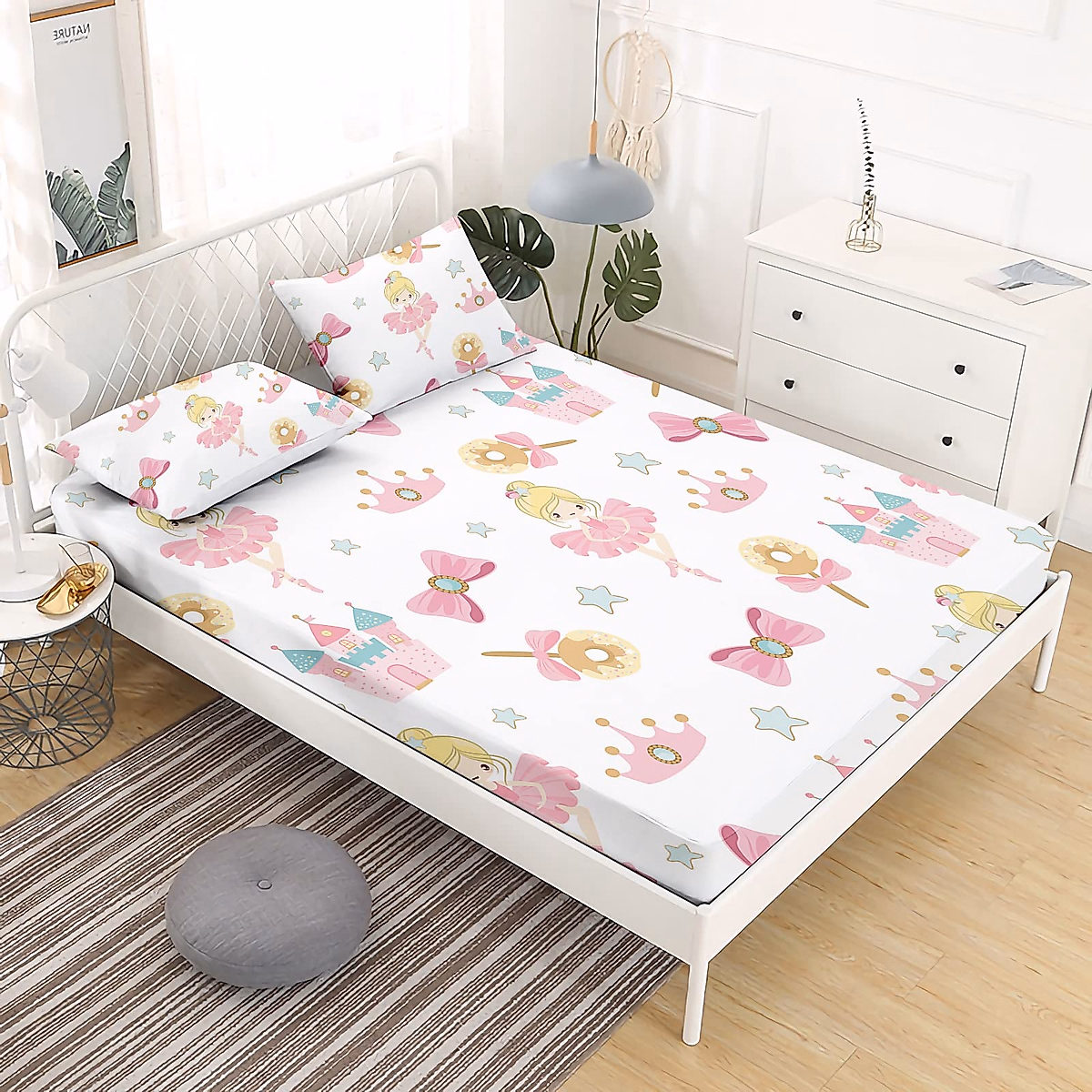 Jeyfull Pink Princess Fitted Sheets Twin for Girls Kids Crown Bed Sheet 2 Pcs 3D Print Flat Sheet with Pillowcase