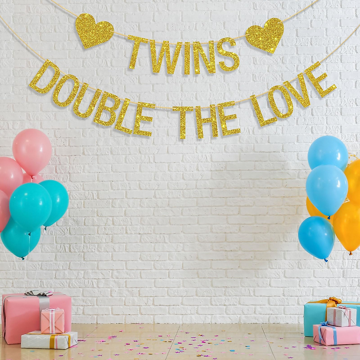 Ambishi Twins Double The Love Banner, Twins Baby Shower/Twins Birthday/Engagement/Wedding Party Decorations (Gold Gliter)