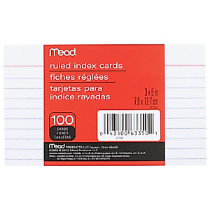 Mead Lined Index Cards, Note Cards, Ruled, 100 Count, 3" x 5", White (63350)