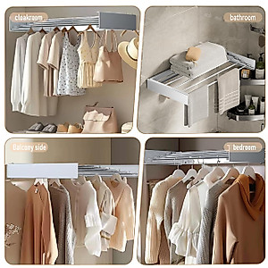 Rimyew Wall Mounted Drying Rack, Laundry Drying Rack Collapsible, Retractable Clothes Drying Rack - 31.5" Wide, 5 Aluminum Rods, 60 lb Capacity, Towel Drying Rack with Wall Template, White