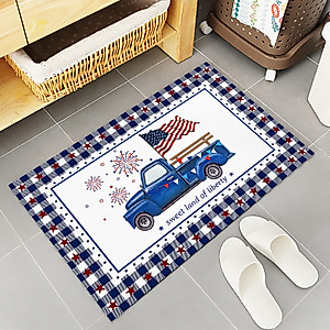 July 4th Kitchen Rugs Sets 2 Piece Floor Mats Independence Day Buffalo Plaid Blue Truck Stars Doormat Non-Slip Rubber Backing Area Rugs Carpet Inside Door Mat Pad Sets-15.7" x 23.6"+15.7" x 47.2"