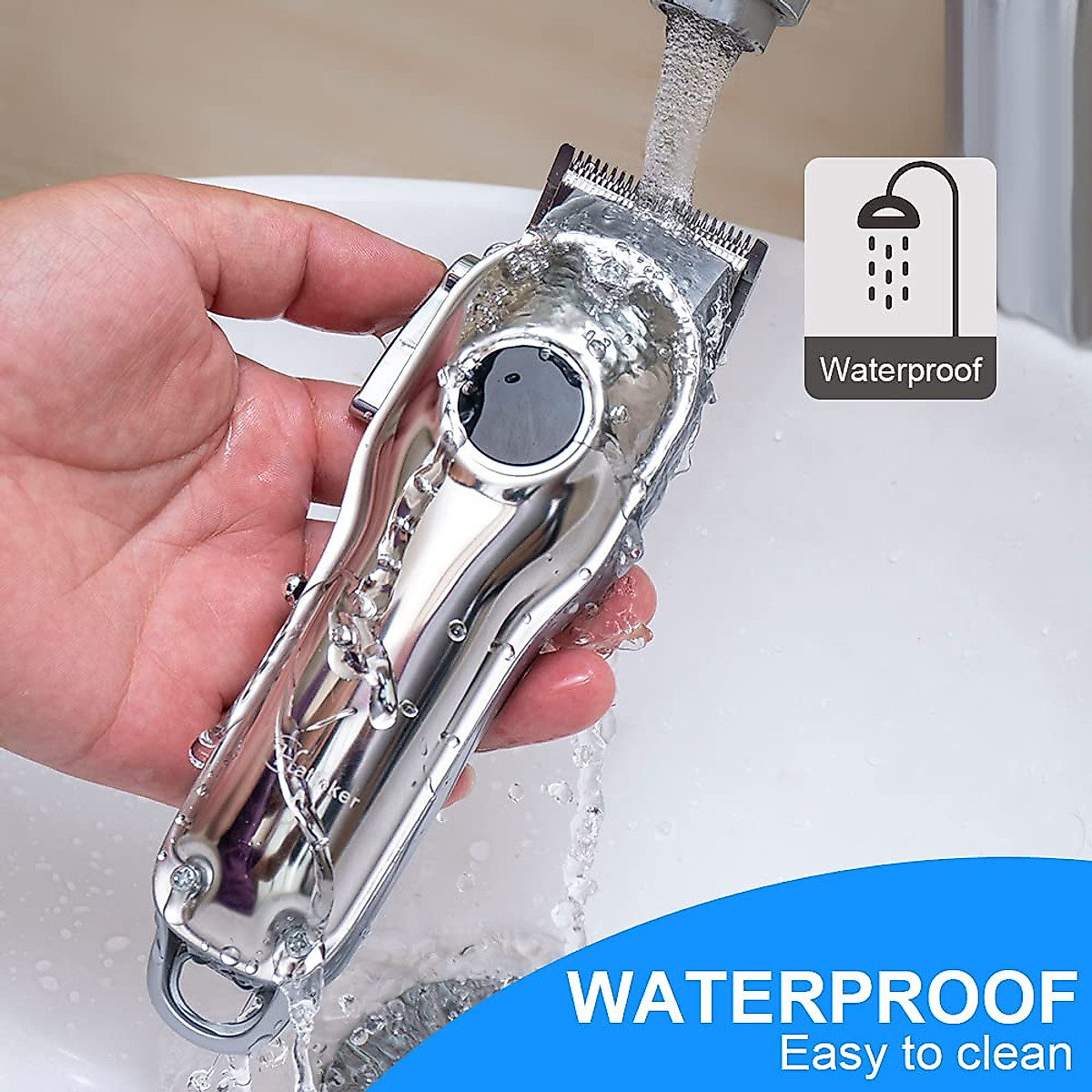 Hatteker Hair Clippers for Men Professional, Cordless Barber Clippers for Hair Cutting and Grooming, Upgrade Rechargeable Beard Trimmer Large Smart LED Display & IPX7 Waterproof (Silver)