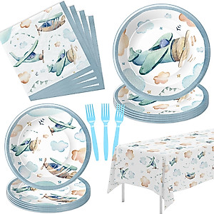 HIPVVILD Airplane Party Decorations Dinnerware - Airplane Birthday Party Supplies, Paper Plate, Napkin, Tablecloth, Fork, Airplane Theme Birthday Baby Shower Decorations Party Tableware | Serve 24