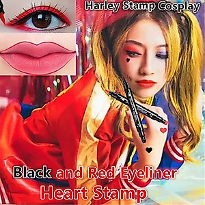Go Ho 2 PCS Waterproof Liquid Eyeliner Stamps,Double-side Black&Red Smudge-proof Eye Liner,Heart Stamp Eyeliner for Harley Costume Makeup,Long-lasting Love Tattoo Tools for Valentines Day