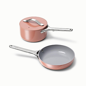 Caraway Mini Duo - Non-Stick Ceramic Mini Fry Pan (1.05 qt, 8") & Mini Sauce Pan (1.75 qt) - Non Toxic, PTFE & PFOA Free - Oven Safe & Stovetop Agnostic (Gas, Electric & Induction) - Perracotta