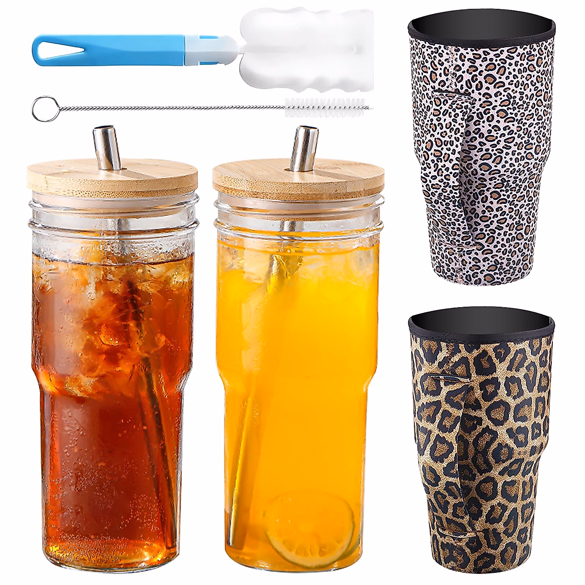 SYOUACEND 2 Pack Glass Cups with Lids and Straws, 24oz Glass Tumbler with Sleeves Reusable, Mason Jar Drinking Glasses Iced Coffee Cup Wide Mouth Glass Bottle for Bubble Tea, with 2 Cleaning Brush