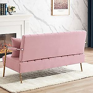 Yoluckea Modern Velvet Loveseat Sofa 60" Upholstered Small Sofa Couch with 2 Pillows & Gold Metal Legs Contemporary Living Room 2-Seat Sofa Love Seat for Dorm Apartment Small Space -Pink