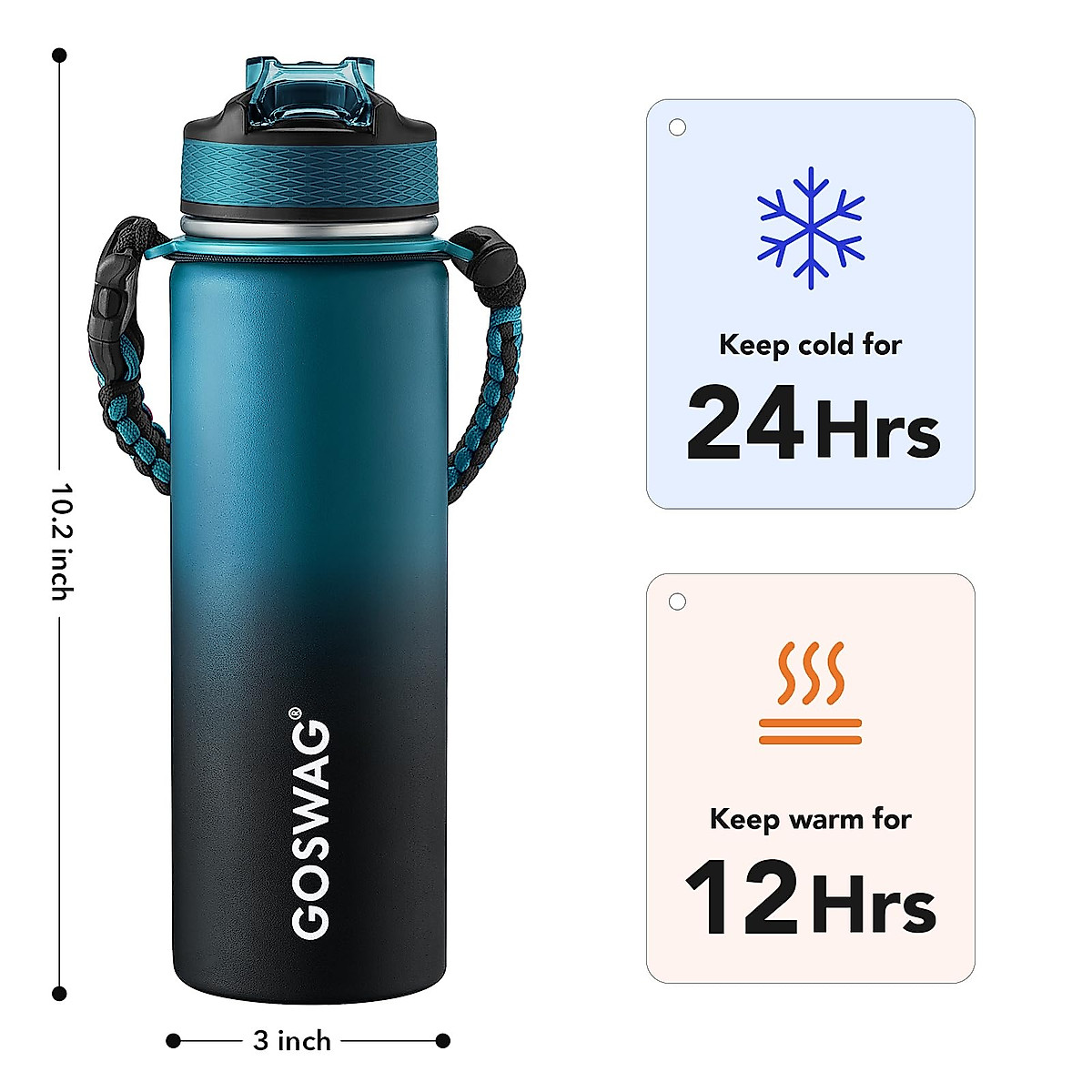 GOSWAG Insulated Sports Water Bottle, 24oz 2 Lids(with Straw/No Straw), Stainless Steel Water Bottles with Paracord Handle, Insulated Thermos with Double-Wall Vacuum Insulation