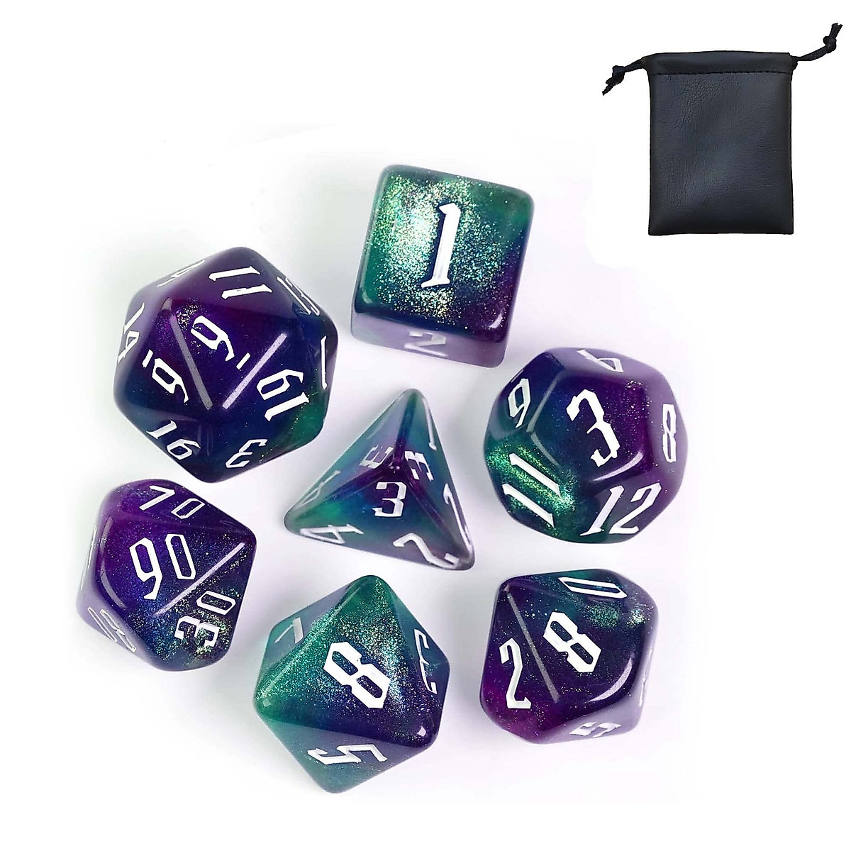 KSNDie Polyhedral DND Dice Set for Dungeon and Dragons, 7-Die D&D Dice Sets for RPG Role Playing Games,d and d, Purple Mix Blue Green Nebula Dice