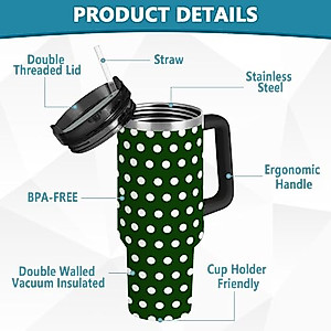 Flradish 40oz Tumbler with Handle, Polka Dots Hunter Green White Stainless Steel Tumbler with Lid and Straws Double Wall Vacuum Insulated Leakproof Coffee Travel Mug