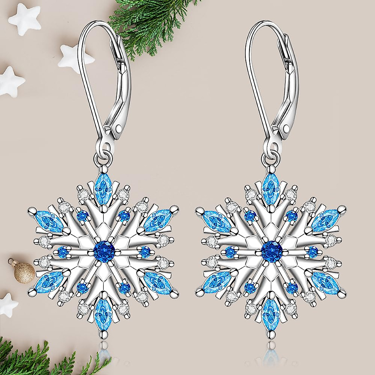Snowflake Earrings for Women Sterling Silver Winter Snow Flower Leverback Drop Dangle Earrings Blue Sapphire Holiday Christmas Jewelry Gifts