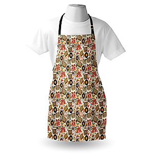 Lunarable Vintage Apron, Retro 60s 70s Radios Sets Music Bass Notes Antique Cartoon Image, Unisex Kitchen Bib Apron with Adjustable Neck for Cooking Baking Gardening, Cream Taupe Tan Dark Orange