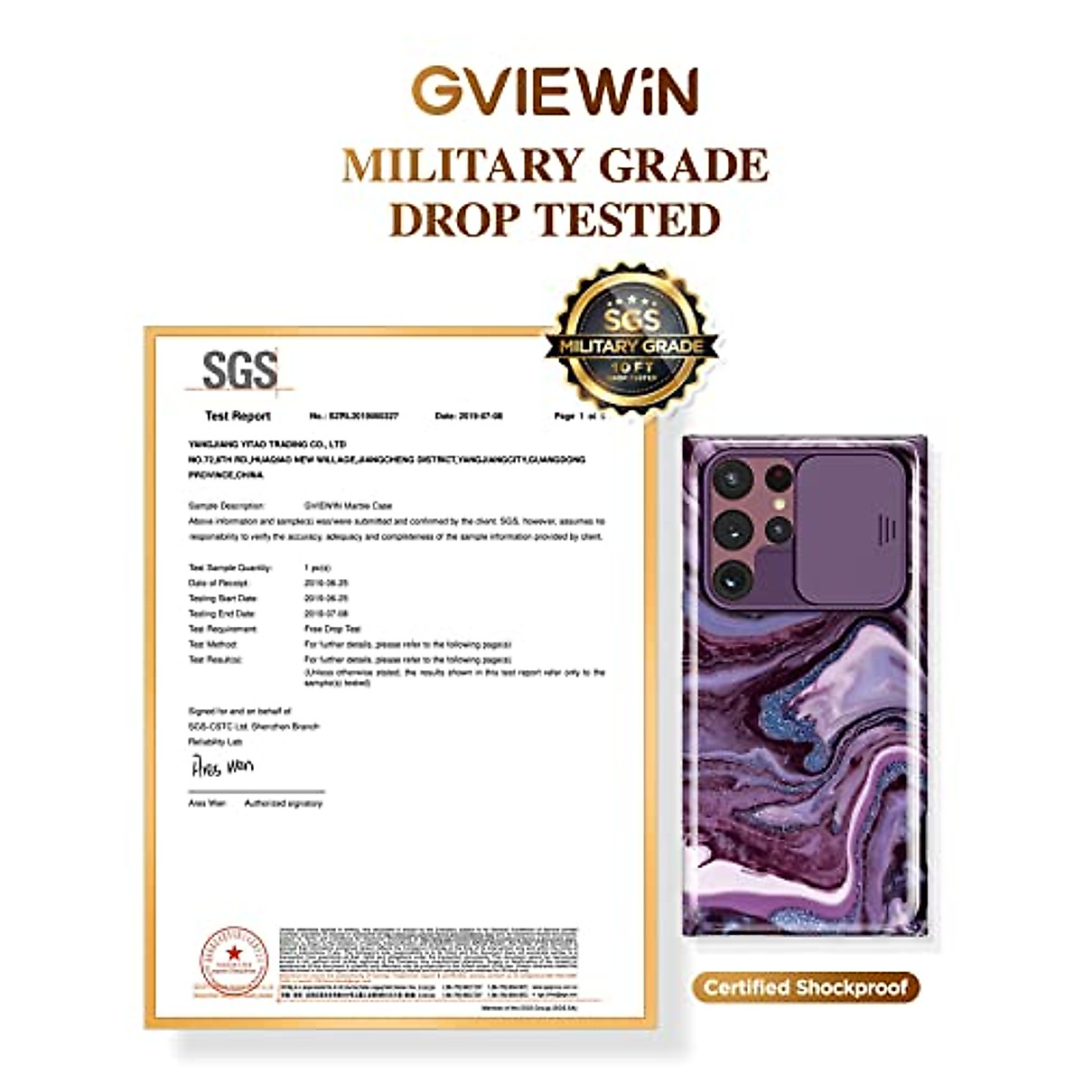 GVIEWIN Designed for Samsung Galaxy S22 Ultra Case with Slide Camera Cover, [Military Grade Drop Protection] Marble Slim Fit Shockproof Protective Phone Case for S22 Ultra 5G 6.8" 2022(Quicksand)