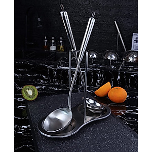 Anller Stainless Steel Standing Spoon Rest with two resting Dishes, Double Spoon Racks, Upright Ladle Holder, Silver