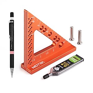 Neitra Small Square Ruler with Fixed Angle Pin, Accurate Compact Aluminum Alloy Mini Squares with Laser Etched Markings, Includes a Mechanical Pencil for Carpenter Woodworking Furniture Projects