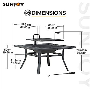 Sunjoy 38 in. Fire Pit for Outside, Square Wood Burning Firepit Large Steel Fire Pits with Adjustable Cooking Swivel BBQ Grill and Fire Poker Black