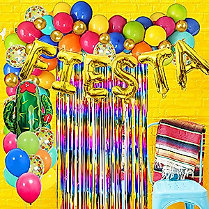 Fiesta Party Decorations Fiesta Balloon Garland Rainbow Fringe Backdrop Cactus Foil Balloon Latex Confetti Balloons with Tape Set for Mexican Luau Theme Party Decor