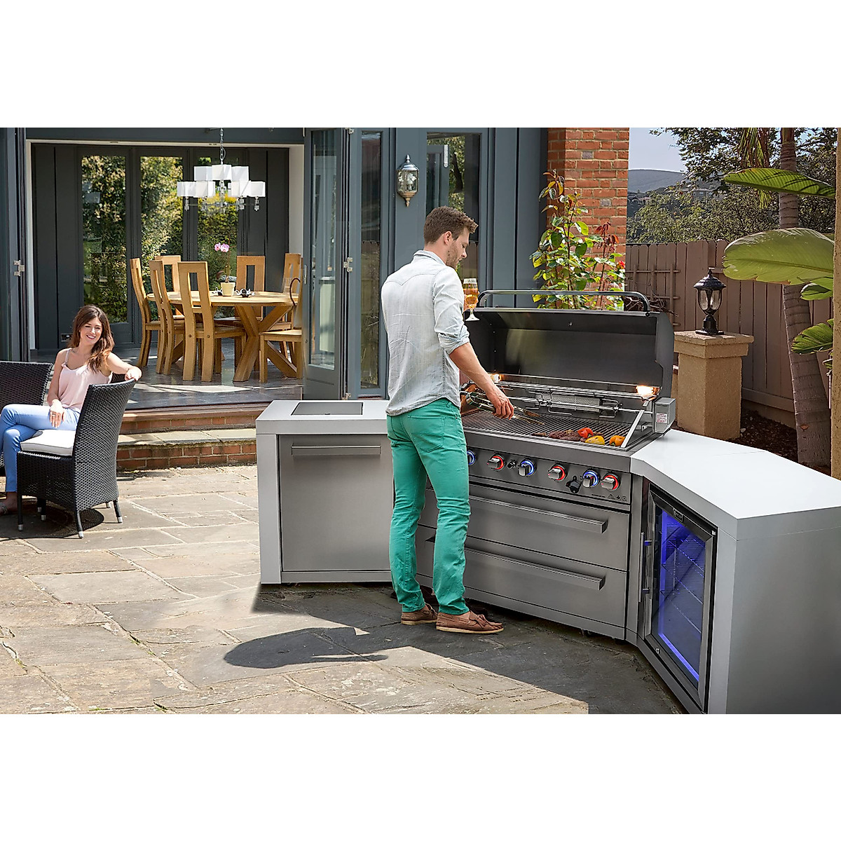 Mont Alpi 44-Inch MAi805-D45FC Deluxe 45 Degree 6-Burner 115000 BTU Stainless Steel Island Outdoor Kitchen Gas Barbecue Grill w/Lockable Compact Refrigerator Wine Cooler Beverage Center