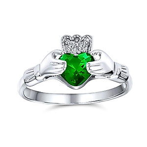 BFF Celtic Irish Friendship Promise AAA CZ Green Simulated Emerald Hands & Heart Claddagh Ring For Women Teens .925 Sterling Silver