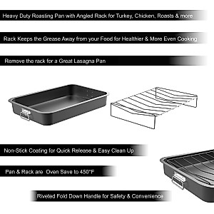 Roasting Pan with Angled Rack-Nonstick Oven Roaster and Removable Tray-Drain Fat and Grease for Healthier Cooking-Kitchen Cookware by Classic Cuisine