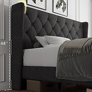 iPormis Queen Bed Frame Upholstered Wingback Platform Bed Frame with Diamond Button Tufted Headboard, 8" Under-Bed Space, Sturdy Wooden Slats, Noise-Free, No Box Spring Needed, Dark Gray