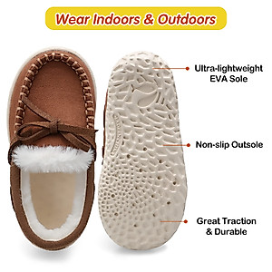 Scurtain Unisex Kids Toddler Slippers Suede Moccasin Slippers for Boys Girls Baby Lined with Warm Fur Slippers for Toddler Girls Solid Brown 8.5 Toddler