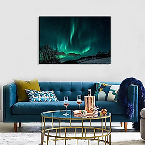 Aurora Scenery Painting on Canvas Prints,Green Aurora Borealis Starry Sky,Canvas Wall Art,for Bedroom Modern Scenery Painting Print Artwork Ready to Hang 80x120cm(31x47in) Framed