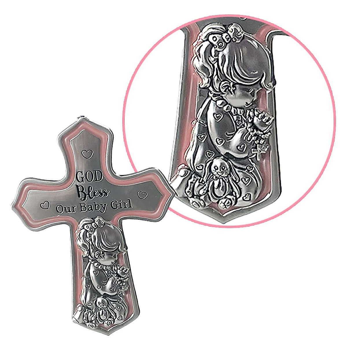 Ornate Crib Cross Decor with Ribbon Baby Girl for Baptism, Christening, Baby Shower "God Bless Our Baby Girl"