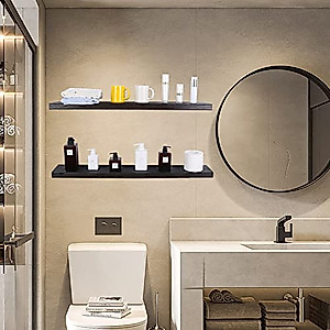 QTSARTISAN Floating Shelf Set — Rustic Solid Wood Hanging Rectangle Wall Shelves with Invisible Metal Brackets for Bedroom, Bathroom, Living Room and Kitchen (Black, 36" x 5.9")