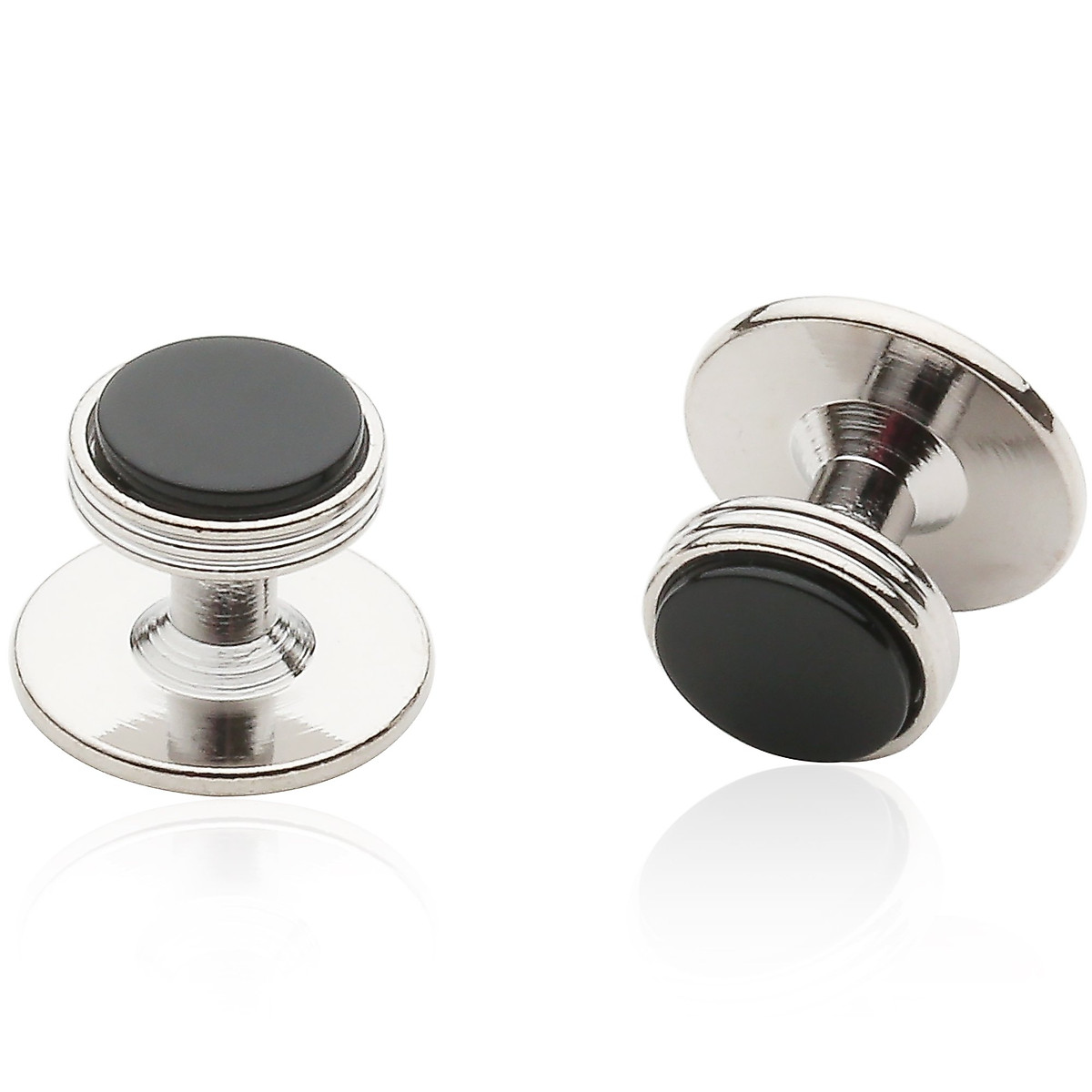 Mens Black Onyx Tuxedo Shirt Studs Set of 4 Silver Wedding Groomsmen in Velour Pouch