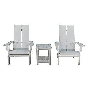 Key West 3 Piece Outdoor Patio All-Weather Plastic Wood Adirondack Bistro Set, 2 Adirondack Chairs, and 1 Small, Side, end Table Set for Deck, Backyards, Garden, Lawns, Poolside, and Beaches, White