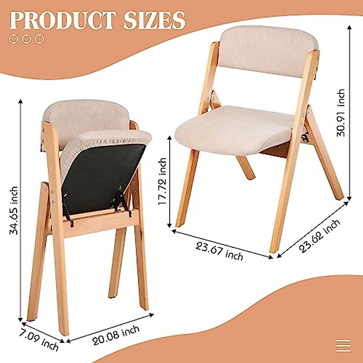 Kigley 2 Pack Folding Chairs with Padded Seats and Removable Cover, Wooden Foldable Dining Chairs Stackable Padded Single Folding Chairs for Home Office Wedding Party Events Indoor Outdoor, Khaki