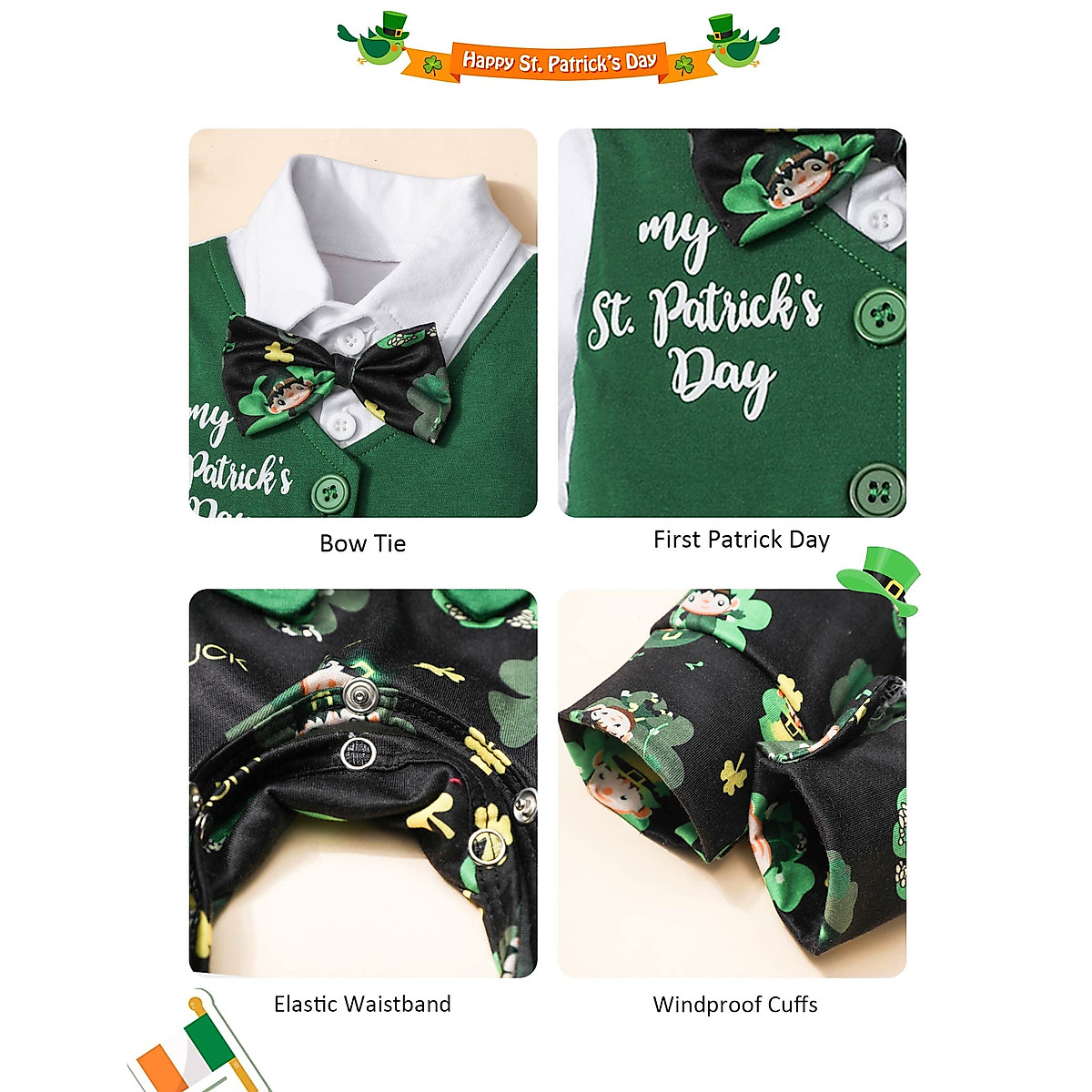 WIQI toddler boy St. Patrick's Day clothes Long Sleeve St. Pat's Day Shirt Romper Jumpsuit+ bow tie baby boy St. Patrick's Day outfit