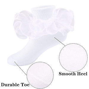 Mini angel Girls Ruffle Socks Double Lace Frilly Dress Socks Kids Turn Cuff Socks for Little Girls 2 Pack (White, 4-6 Years)