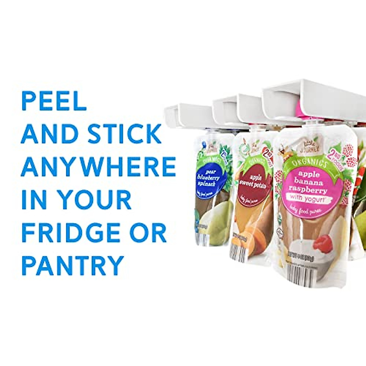 Storage Theory Food Pouch Slider Organizer for Kitchen Pantry, Cabinet and Refrigerator - Peel and Stick Storage for Applesauce, Yogurt, Baby Food Pouches - 3 pk