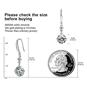 Drop Dangle Earrings 925 Sterling Silver Hook with 9MM 2.75ct CZ and 2pcs Small Cubic Zirconia Design 14K White Gold Plated Hypoallergenic Gorgeous Gift for Women and Girls (White gold)