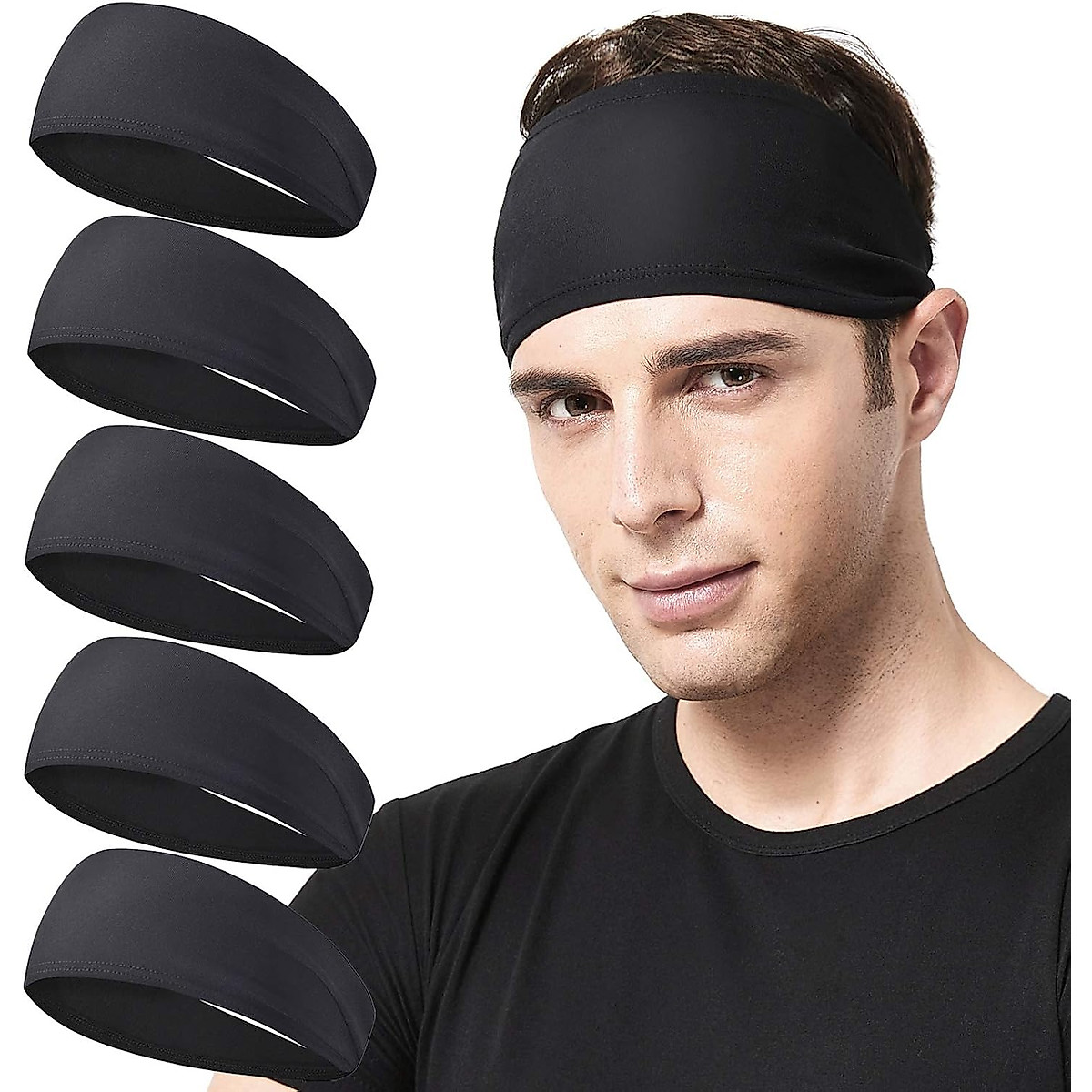 Acozycoo Mens Running Headband,5Pack,Mens Sweatband Sports Headband for Running,Cycling,Basketball,Yoga,Fitness Workout Stretchy Unisex Hairband (5 Black)