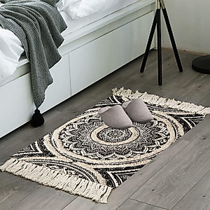 LEEVAN Small Boho Bathroom Rug 2' X 3' Tufted Machine Washable Throw Rugs Bohemian Mandala Area Rug with Tassels Hand Woven Farmhouse Kitchen Sink Rug for Laundry Room/Bedroom,Cream and Black