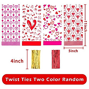 Whaline 150 Pieces Valentine Cellophane Treat Bags Heart Prints 4 Style Clear Cello Candy Bags with 150Pcs Twist Ties Mixed Heart Plastic Goody Gift Bags for Valentines Wedding Party Supplies