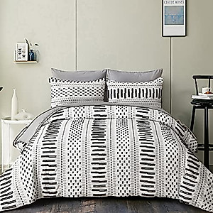 DJY Boho Comforter Set Queen Size Bed in a Bag 7 Piece Black and White Tufted Shabby Chic Bedding Embroidered Stripe Comforter with Sheets and Pillowcases, Soft Lightweight Bedding for All Season