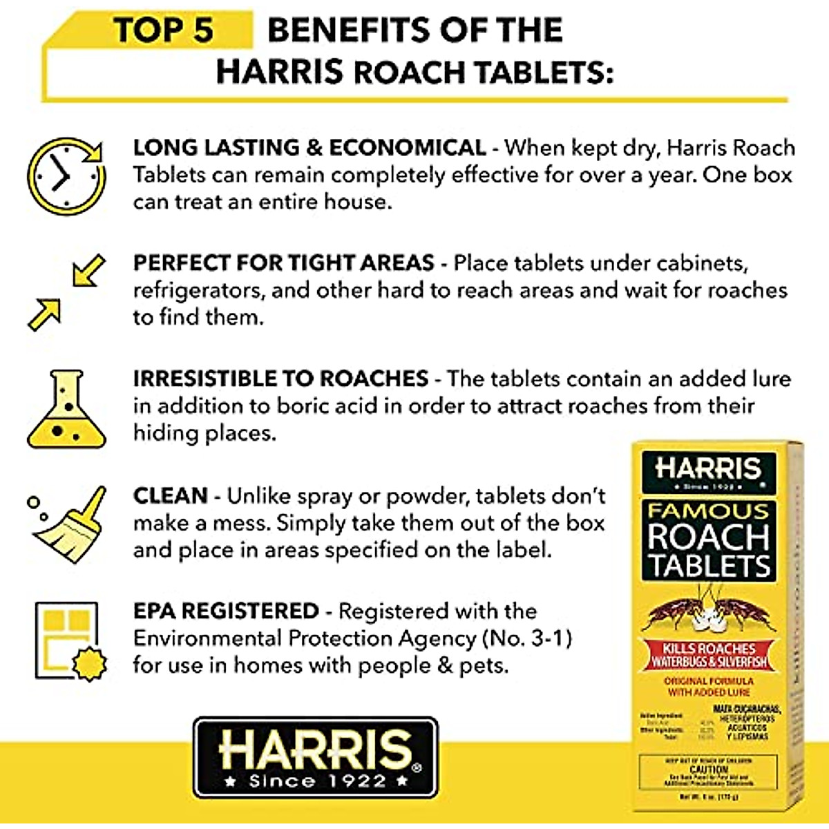 Harris Famous Roach & Silverfish Killer Tablets (6oz), Treats a Minimum of 12 Rooms, 145+ Tablets Included - 3 Packs Included