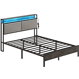 HOOBRO Bed Frame Full Size, Full Bed with Charging Station and LED Light Strip, Upholstered Headboard with Storage Shelves, Outlets and USB Ports, Sturdy Metal Support, for Bedroom, Charcoal Gray